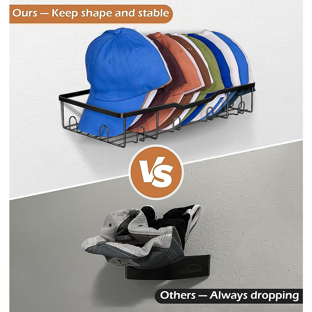 KEETDY Metal Hat Racks for Baseball Caps Wall Hat Organizer Fit 20 Caps Holder, 2 Packs Sturdy Wall Mounted Hat Storage Organizer, Black, Patent: US D1,041,201 S