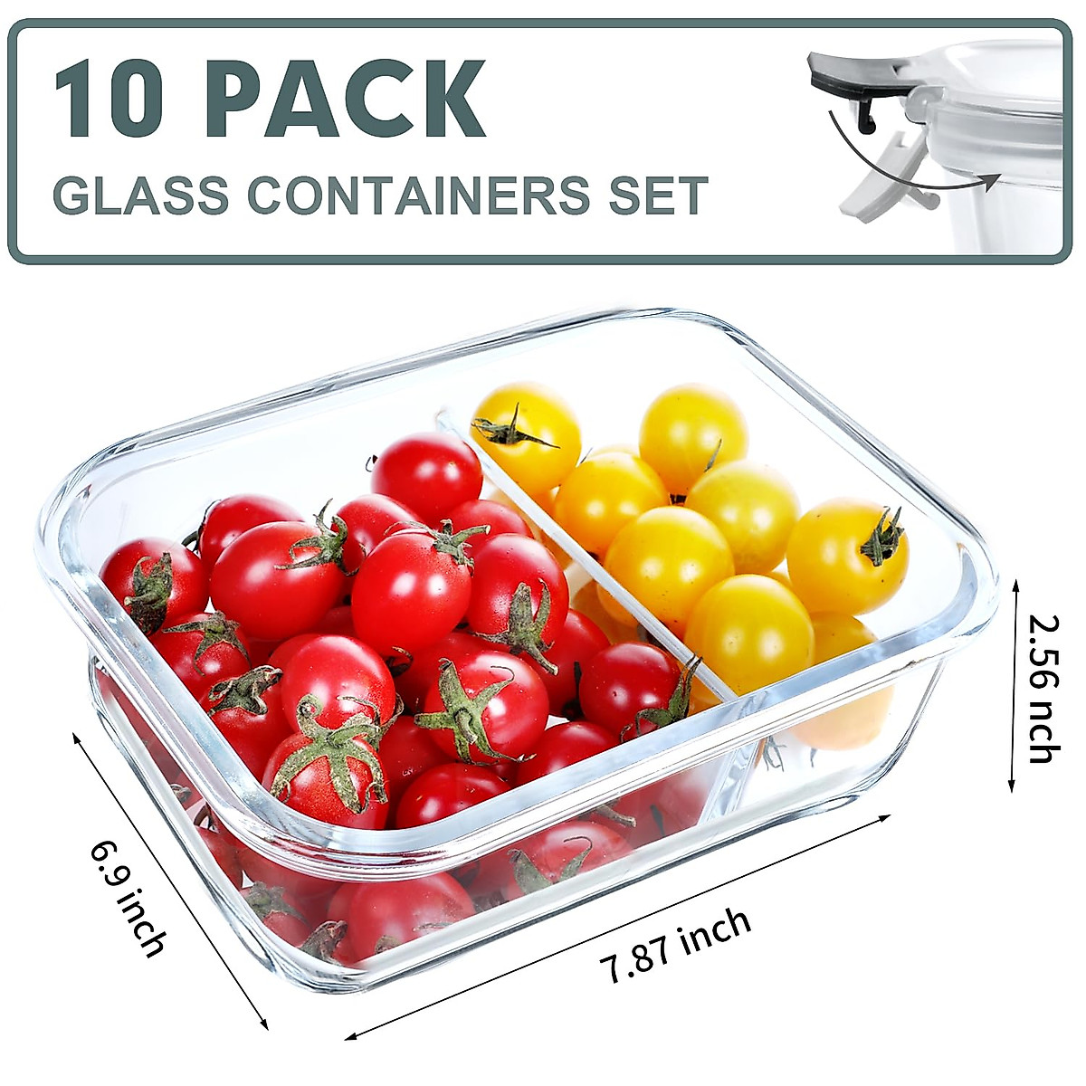VERONES 10 Pack Glass Meal Prep Containers 2 Compartment Set, 30 OZ Airtight Glass Lunch Containers, Glass Food Storage Containers with Lids, for Microwave, Oven, Freezer & Dishwasher Friendly，Grey