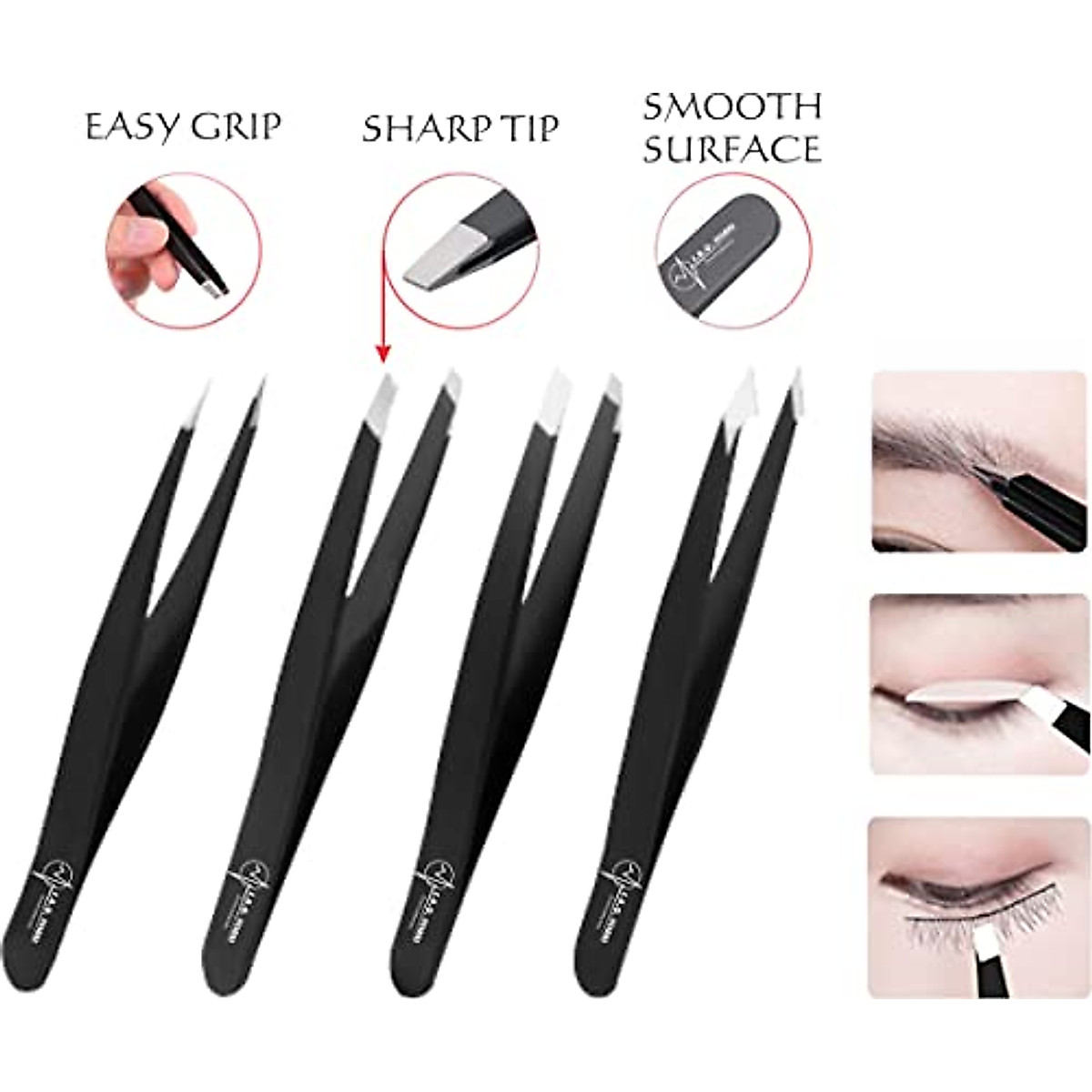 S.A.Q. JILLANI Eyebrow Precision Tweezers Set- For Men and Women Facial and Ingrown Hair Removal - Professional Stainless Steel Splinter and Slant 4 Pieces with Case (Black)