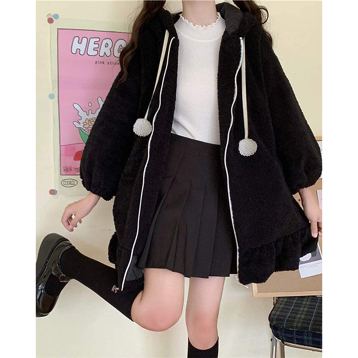 BZB Kawaii Anime Bunny Ear Hoodies For Women Sweet Lovely Fuzzy Fluffy Rabbit Sweater Tops Cosplay Jacket Coats Black