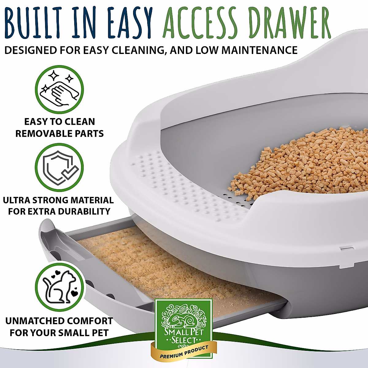 Small Pet Select - Pine Pellet Cat Litter Box, with 5 Pee Pads and Litter Scoop, Premium System for Cats and Other Small Animals, Tidy and Easy to Clean with Drawer, Scoop, and Removable Tray
