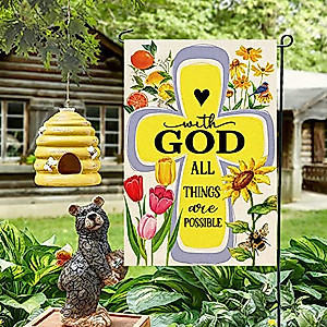 ORTIGIA Spring Easter Garden Flag 12x18Inch With God All Things are Possible Burlap Vertical Double Sided Summer Bee Sunflowers Yard Flag Easter Tulips Seasonal Farmhouse Outdoor Flag