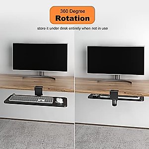 Rotating Keyboard Tray Under Desk - Klearlook PU Leather Keyboard Drawer Adjustable C Clamp,Ergonomic Mouse Keyboard Platform Extender,No Drilling,Easy Install Keyboard Stand,23.62"x 9.84"Inch-Black