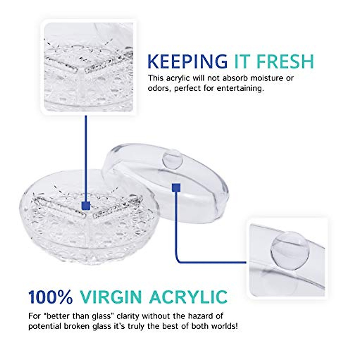 Huang Acrylic 3-Section Divided Serving Dishes with Lid | Round Snack and Condiment Tray with Cover | Multifunctional Party Snack Tray for Nuts, Candies, Fruit, and Veggies