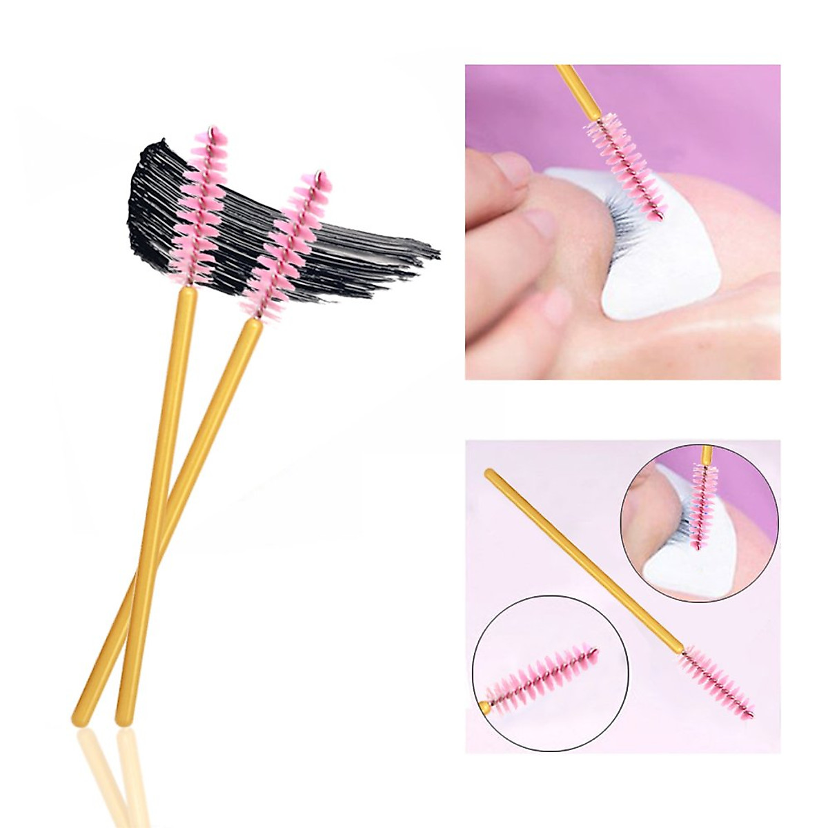 300 Pack Mascara Wand Eyelash Brush Disposable Eye Lash Applicator Makeup Tool Kit, Gold/Pink