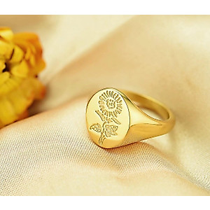 BAOWING Sunflower Rings for Women | Gold Chunky Dome Signet Ring | Stainless Steel Minimalistic Statement Jewelry Gift 18K Gold Size 5