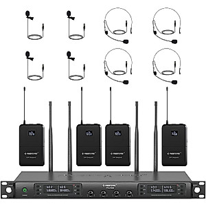 Phenyx Pro Wireless Microphone System, UHF 4-Channel Wireless Mic Set w/ 4 Bodypacks and Headsets/Lapel Mics, 4x40 Frequencies, Auto Scan,328ft Coverage, Mic for Singing, DJ, Church(PTU-7000-4B)