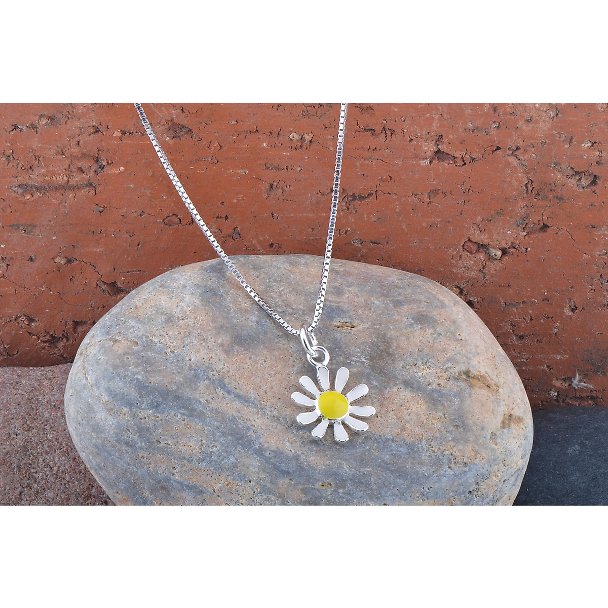 Sterling Silver Ladies Yellow White Enamel Daisy Flower Necklace for Women