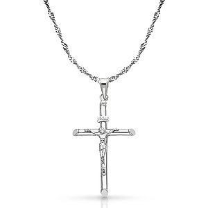 Ioka 14K White Gold Crucifix Cross Pendant with 1.2mm Singapore Chain Chain Necklace - 24"