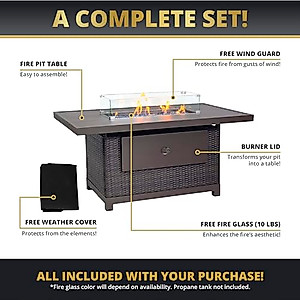 Kinger Home Novi Rattan 52-Inch Outdoor Patio Propane Gas Fire Pit Table, CSA Certified 50,000 BTU Firepit, Brown Aluminum Frame