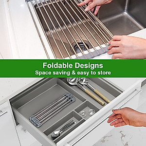 Liangmall Expandable Dish Drying Rack Up to 23.6", Extra Large Over The Sink Dish Drainer Drying Rack Roll Up, Stainless Steel Multipurpose Kitchen Sink Drying Rack - 23.6"(L) x 13.0"(W)