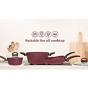 6 Quart Nonstick Dutch Oven with Lid, Stock Pot Nonstick Soup Pot Casserole Pot Granite Cooking Pot, Healthy Pasta Pot Red Sauce Pot with Wood grain Bakelite Handle, All Stove Compatible PFOA Free