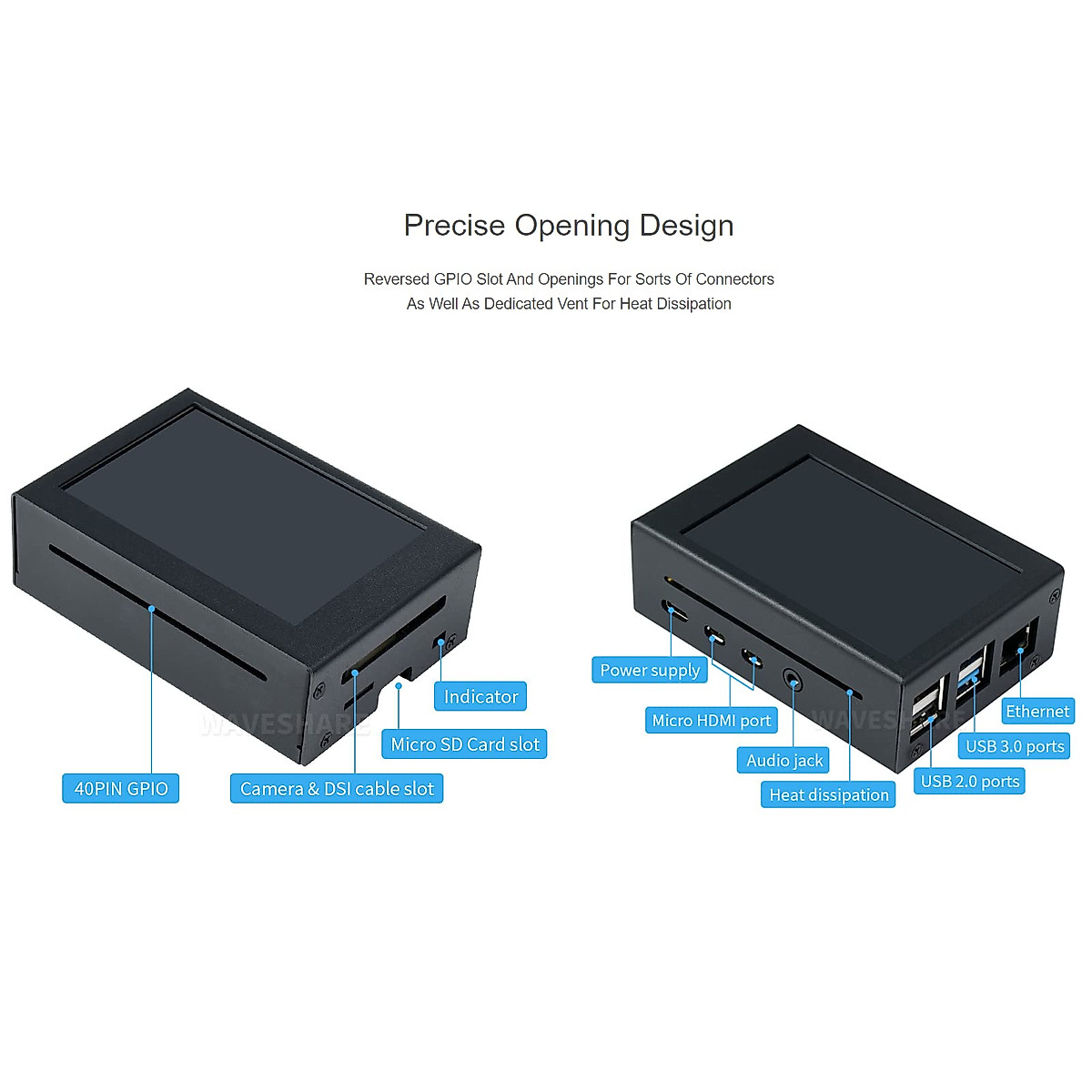 waveshare Aluminum Alloy Case with 3 PCS Heatsinks for Raspberry Pi 4, Metal Case Designed for Raspberry Pi 4B,Compatible 3.5inch RPI LCD (A)/(B)/©