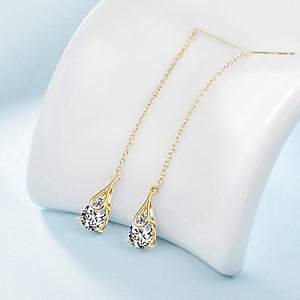 Gold Plated Threader Earrings Sterling Silver Teardrop Drop Pull Through Threader Earrings with Cubic Zirconia