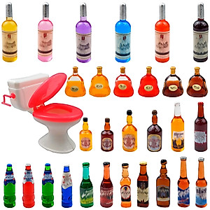 30 PCS 29 Styles Mini Wine Bottles Cake Toppers with 1 Plastic Miniature Toilet Toy Funny Dollhouse Cupcake Cake Topper Gift Set for Birthday Party Bachelorette Party Decorations
