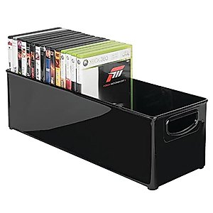 mDesign Plastic Video Game and DVD Storage Organizer - Game and Movie Disc Holder Bin with Handles for Home Media Console Stand and Closet Shelf - Ligne Collection - Black