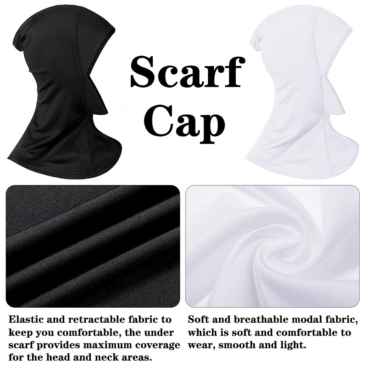 2 Pieces Modal Hijab Cap Adjustable Muslim Stretchy Turban Full Cover Shawl Cap Full Neck Coverage for Lady (White, Black)