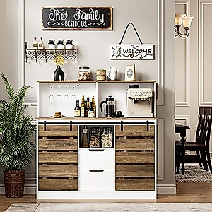 HOSTACK Farmhouse Coffee Bar Cabinet, 47" Sideboard Buffet Cabinet with Storage, Barn Doors Wine Bar Cabinet, Kitchen Buffet Table with Drawers|Adjustable Shelves for Dining Room, Kitchen, White