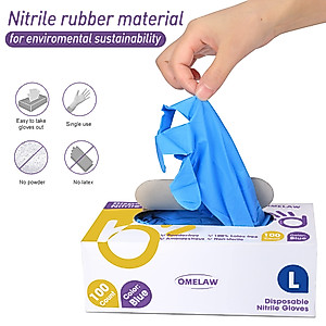 OMELAW Nitrile gloves Large Blue, Pack of 100, Latex Free Powder Free Glove Ambidextrous, Ultra-Strong, Non-Sterile Food Safe