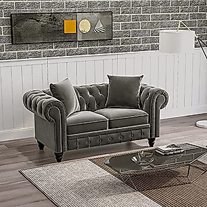 OYN 63" Chesterfield Sofa & Couch Deep Seat Button Tufted Velvet Loveseat Upholstered 2 Seater Sofa Classic Roll Arm, 2 Pillows Included, Grey