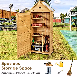 Goplus Wooden Storage Shed, Outdoor Storage Cabinet with 4 Shelves and Pitched Galvanized Sheet Roof, Lockable Garden Shed, Outside Tool Shed for Patio Yard Lawn