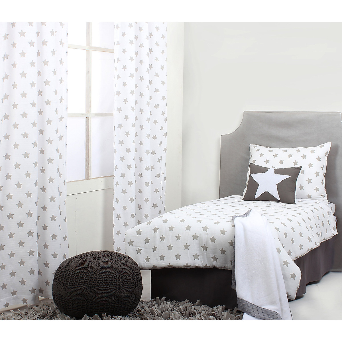 Bacati - Muslin Ikat Stars 4 Piece Toddler Bedding Set 100 Percent Cotton Includes Reversible Comforter, Fitted Sheet, Top Sheet, and Pillow Case