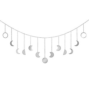 Mkono Moon Phase Wall Hanging Boho Aesthetic Room Decor Metal Moons Garland Hanging Art Bohemian Home Decoration for Girls Room Nursery Bedroom Livingroom Dorm, Ideal Gift, Silver, 55"