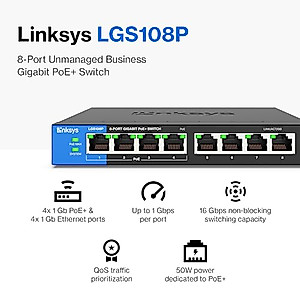 Linksys LGS108P 8 Port Gigabit Unmanaged Network PoE Switch with 4 PoE+ Ports @ 50W - Ideal for Business, Home, Office, IP Surveillance - Desktop Ethernet Switch Hub with Metal Housing