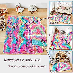 NEWCOSPLAY Faux Fur Area Rug Rainbow Tie Dye Carpet Playing Mat for Girls Bedroom Living Room Home Décor (4' x 5.3', Dark Rainbow)