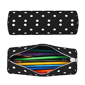 Ykklima Polka Dot Black and White Simple Pattern Leather Pencil Case Zipper Pen Makeup Cosmetic Holder Pouch Stationery Bag for School Work Office