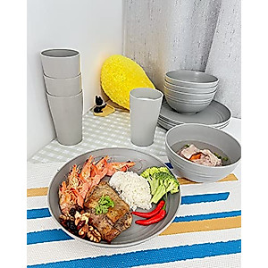 KITWILD Wheat Straw Dinnerware Sets, 12-Piece Lightweight Plastic Dinnerware Set with 8.9 Inch Unbreakable Plates, Bowl Set and Cup Set, BPA free, Dishwasher & Microwave Safe, Service for 4 - Grey