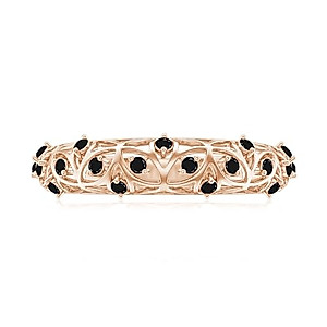 Certified Natural Black Onyx Half Eternity Band Ring for Women, Aaa Quality, Onyx Filigree Band - With Jewelry Box, 14K Rose Gold, Size:US 6.50