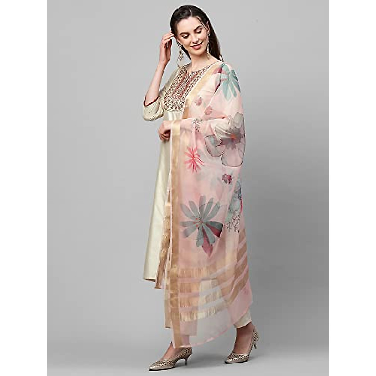INDO ERA Indian Women's Off White Viscose Embroidered Calf Length Straight Kurta Pant With Dupatta Set