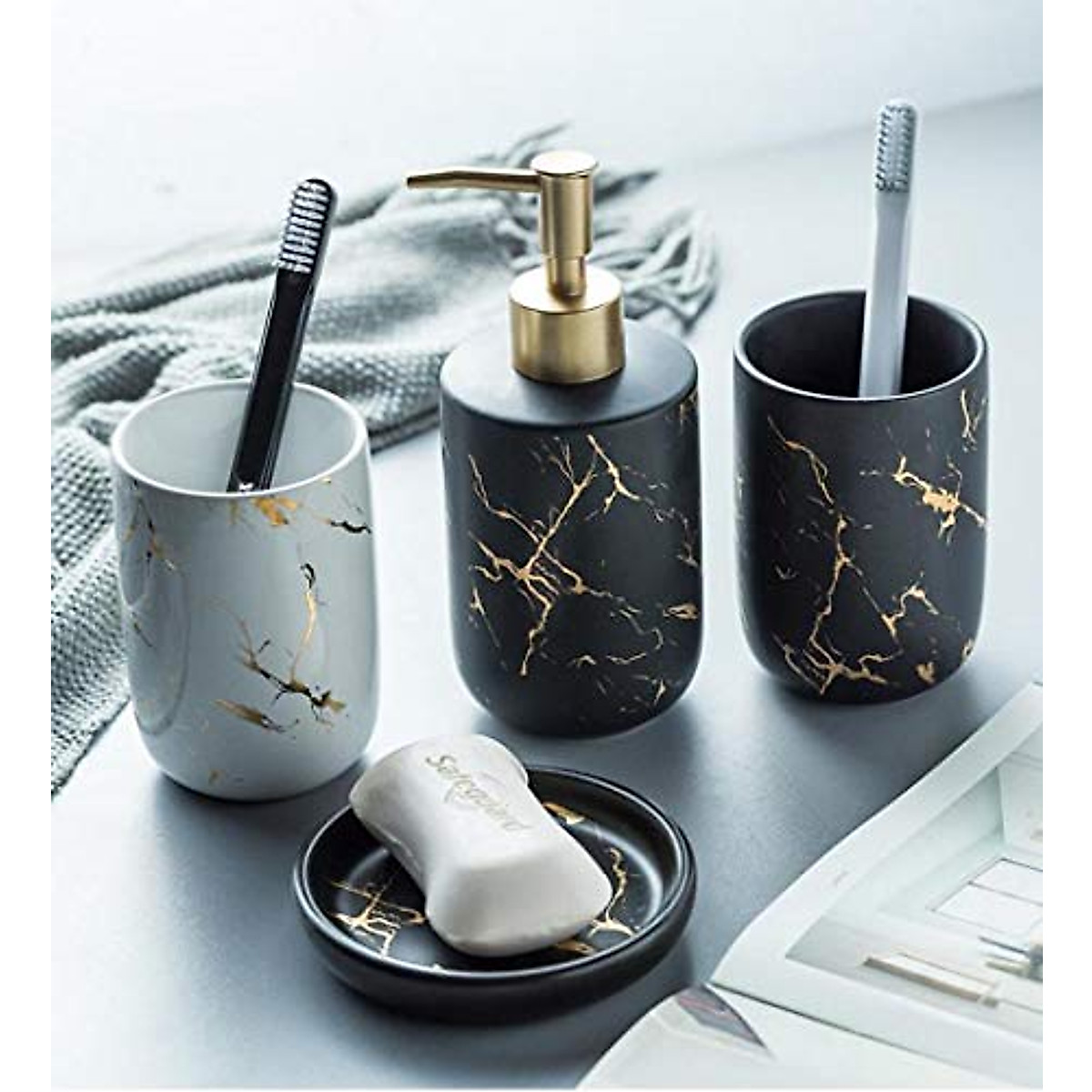 Bathroom Accessories Set, 4Pcs/Set Luxury Ceramic Bathroom Accessory Set, Soap/Lotion Dispenser, Bathroom Tumbler, Soap Dish for Home Hotel Bathroom (Yellow)