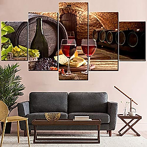 Fu-Keivy Wine Wall Art Decor for Kitchen Dining Room Grapes Fruit Canvas Wine Bottle Pictures 5 Piece Paintings Modern Artwork Decorations Cellar with Barrel and Glass Wooden Framed