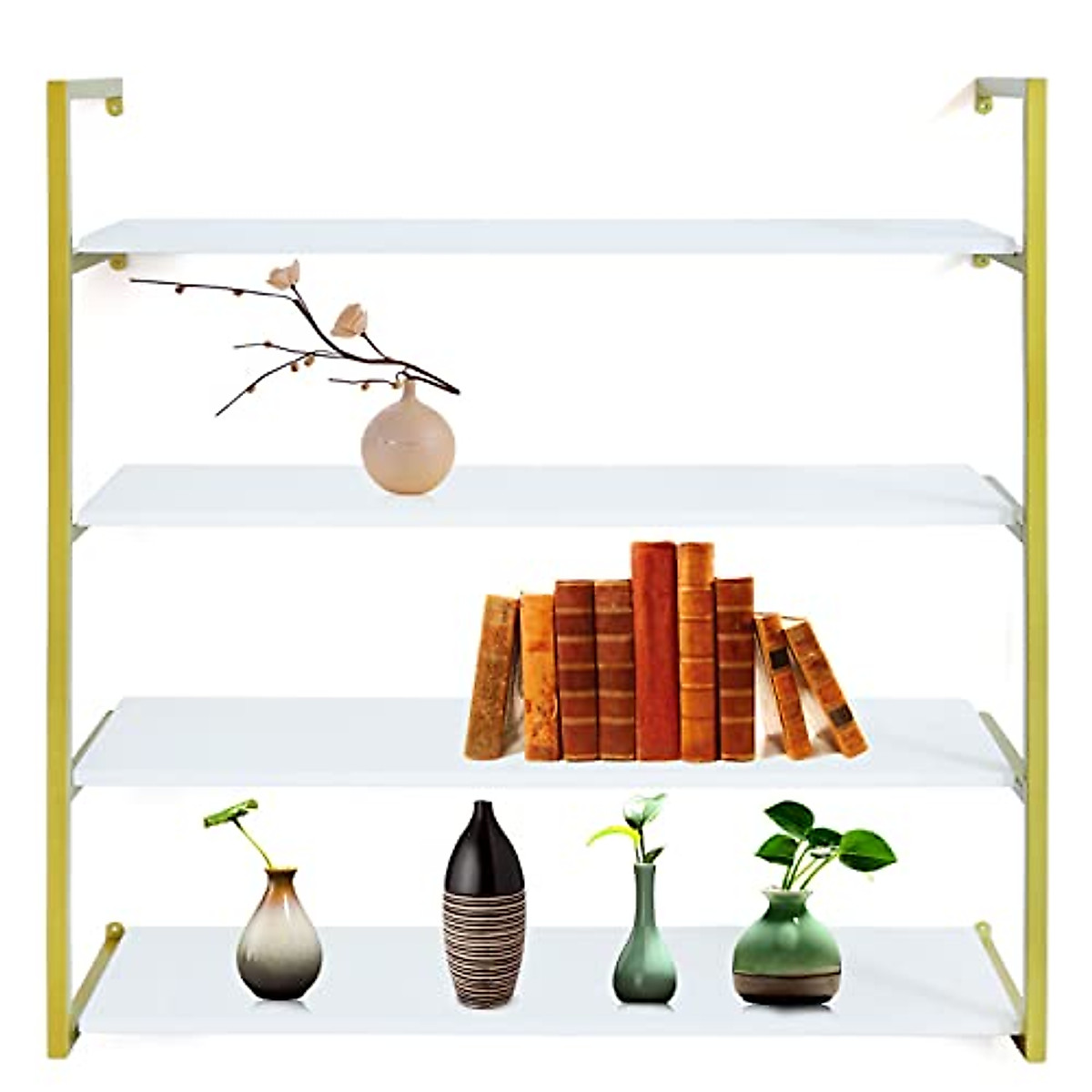 Eapmic 4-Tier 36in Floating Wall Shelves,Wall Mounted Storage DIY Open Bookshelf Decor Book for Living, Dining Room, Office, Wood Wall Shelf with Metal Brackets (4-Tier,36in,Gold)