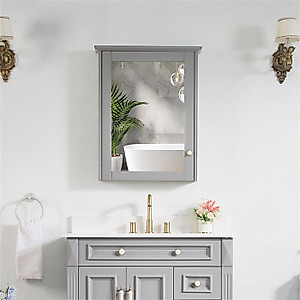 WELLFOR 24"x 30" Bathroom Medicine Cabinet with Mirror for Bathroom, 3 Tier Wooden Wall Mounted Mirror Medicine Cabinet Organization with Shelves and Single Soft-Close Door, Titanium Grey