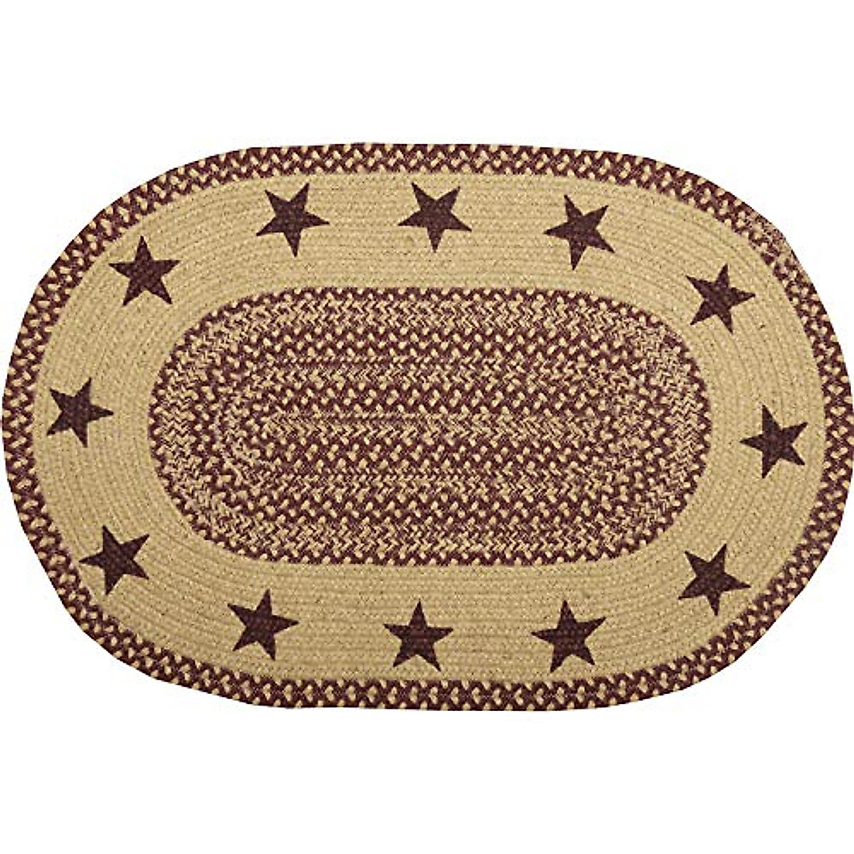 VHC Brands Burgundy Tan Jute Rug Oval Stencil Stars w/Pad 20x30