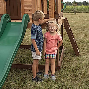Backyard Discovery Echo Heights Elevated Cedar Playhouse, Play Kitchen, Powered Blender, Working Bell, 6 ft Wave Slide, Wrap-Around Deck, Flat Step Ladder, Growth Chart