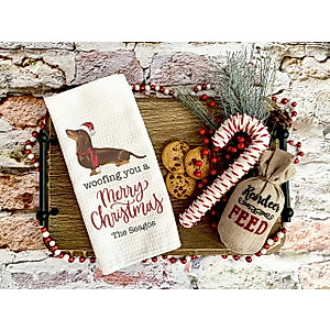 Woofing You A Merry Christmas Kitchen Towel | Personalized Dachshund Tea Towel | Puppy Owner | Golden Retriever Hand Towel | Dog Lover Gift | New Pet Decor (Brown Dachshund)