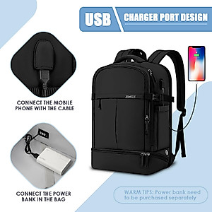 ZOMFELT Travel Backpack for Women Men,Carry On Backpack Airline Approved with Shoes Compartment, 15.6 Inch Laptop Backpack with USB Port,Waterproof Hiking Backpack Casual Daypack for College, Black