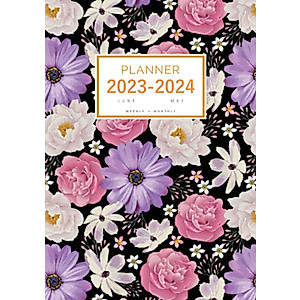 Planner 2023-2024: A5 Weekly and Monthly Organizer from June 2023 to May 2024 | Elegant Rose Peony Flower Design Black