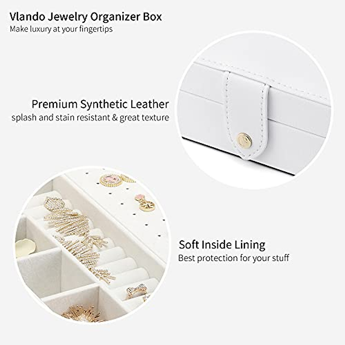 Vlando Travel Jewelry Case for Women - Portable Leather Jewelry Organizer Box for Necklace Earrings Ring Bracelet - Gifts for Teen, Girls, Moms and Daughters - White