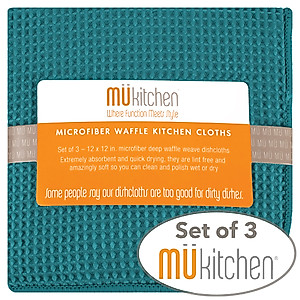 MU kitchen | Waffle Microfiber Dish Cloths are 100% Quality | Durable & Absorbent for Cleaning & Drying | Set of 3 | Sea Blue
