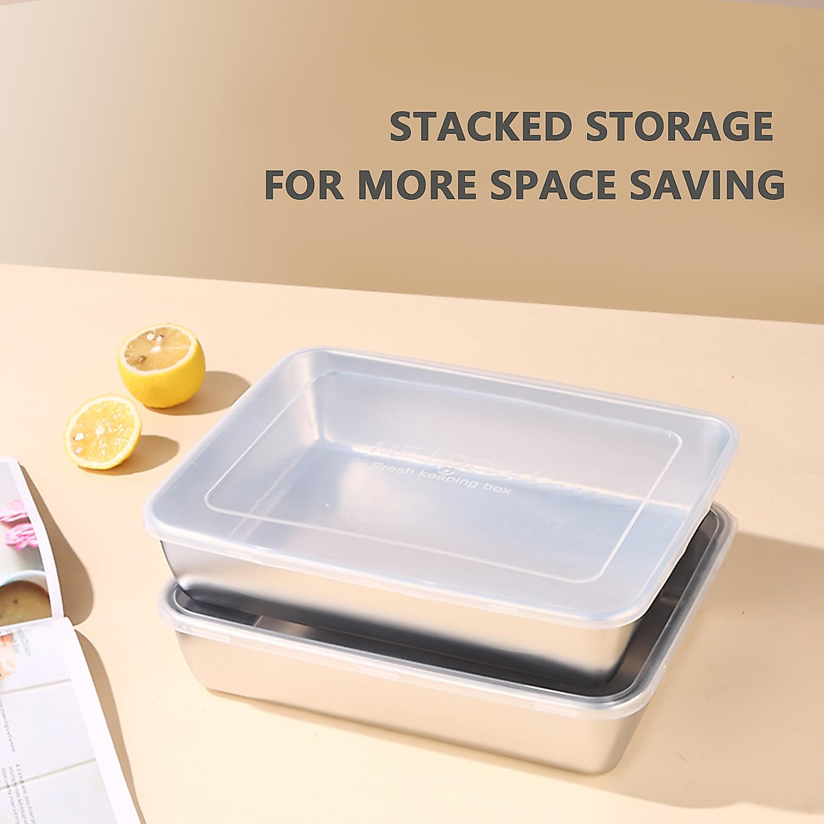 ATRDTO Set of 3,Stainless Steel Rectangle Food Storage Box Container- Leak Plastic Lid Dishwasher Safe - Plastic Free -Clear Lid (3)