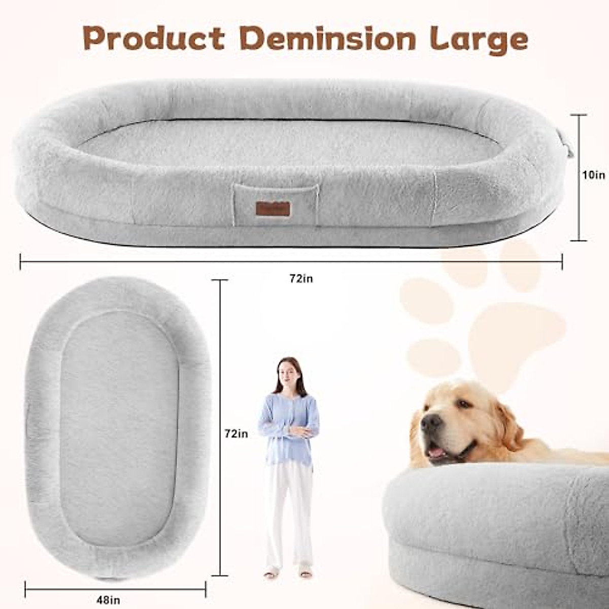 Human Dog Bed for People Adults, Giant Bean Bag Bed with Blanket 72"x48"x10", Washable Faux Fur Nap Bed Adult Oval for People, Families, Pets Removable Large Memory Foam Human Sized Dog Bed Grey