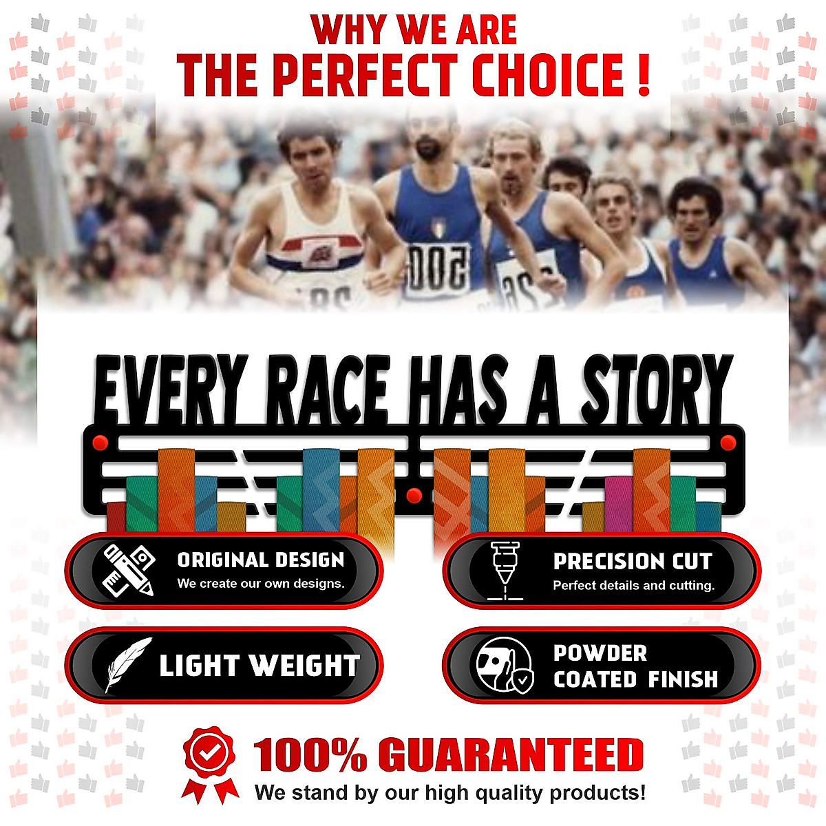 VICTORY HANGERS Evey Race Has a Story Medal Holder Display Rack - 3 Bars Black Coated 3 mm Steel Metal Hanger with Wall Mount Standoffs - 18 Inch Wide Holds 60 Medals or More