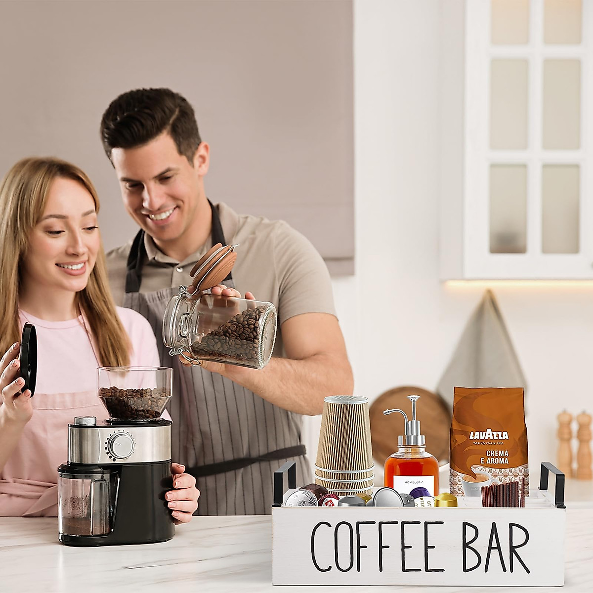 Pitmoly Coffee Station Organizer, Wooden Coffee Bar Accessories Organizer for Countertop, Farmhouse K Cup Coffee Pod Holder with Handle, Rustic Retro Storage Bin for Coffee Tea Bag (White)