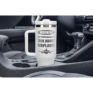 Elanze Designs Warning May Talk About Airplanes Pilot 40 oz. Stainless Steel, Large Water Bottle Coffee Mug, Spill & Leak Resistant, Thermal Travel Tumbler with Handle, Lid & Straw, White