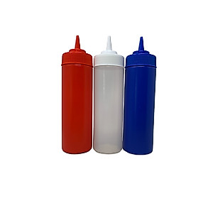 Squeeze Bottles in Patriotic Red White and Blue Colors for Condiments Oils Dressings 12oz Each